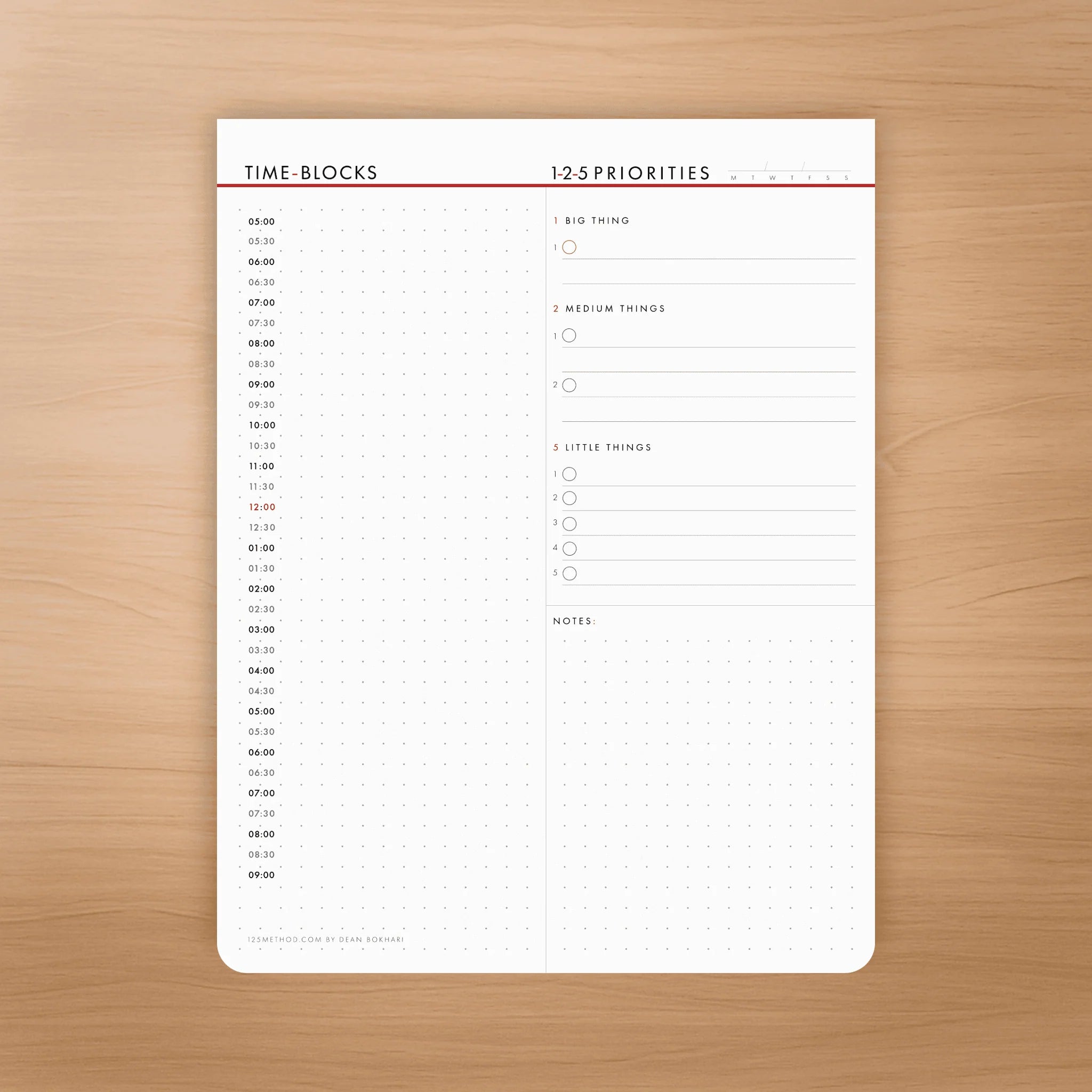 1-2-5 Daily Time Block Planner (Large) – 1-2-5 Method™ by Dean Bokhari